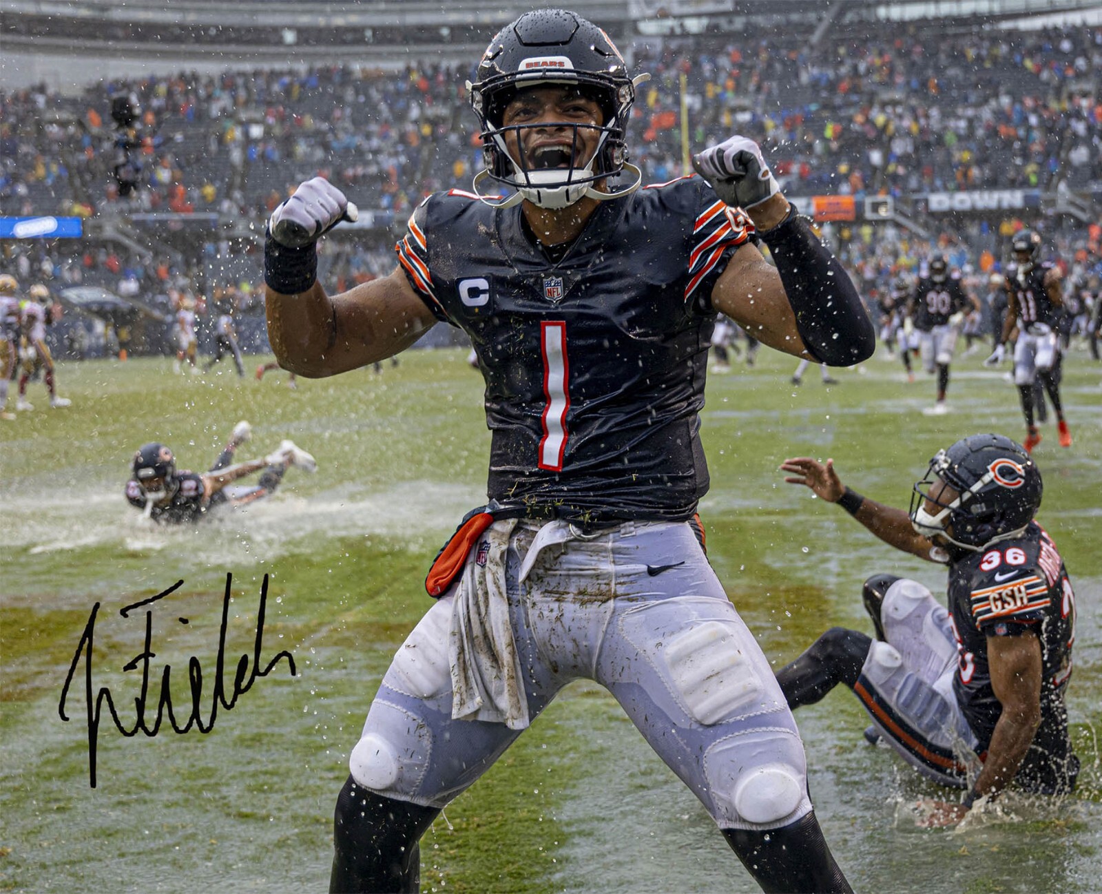Justin Fields glossy Signed photo reprint 8x10 11x14 Chicago rain game ...