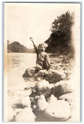 c1920's Candid Boy Child Clyde River Wave Smile RPPC Photo Unposted ...
