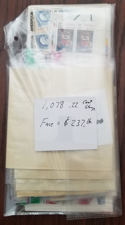Discount Postage $237.16 Face Value in .22 cent stamps (1,078 Stamps ...