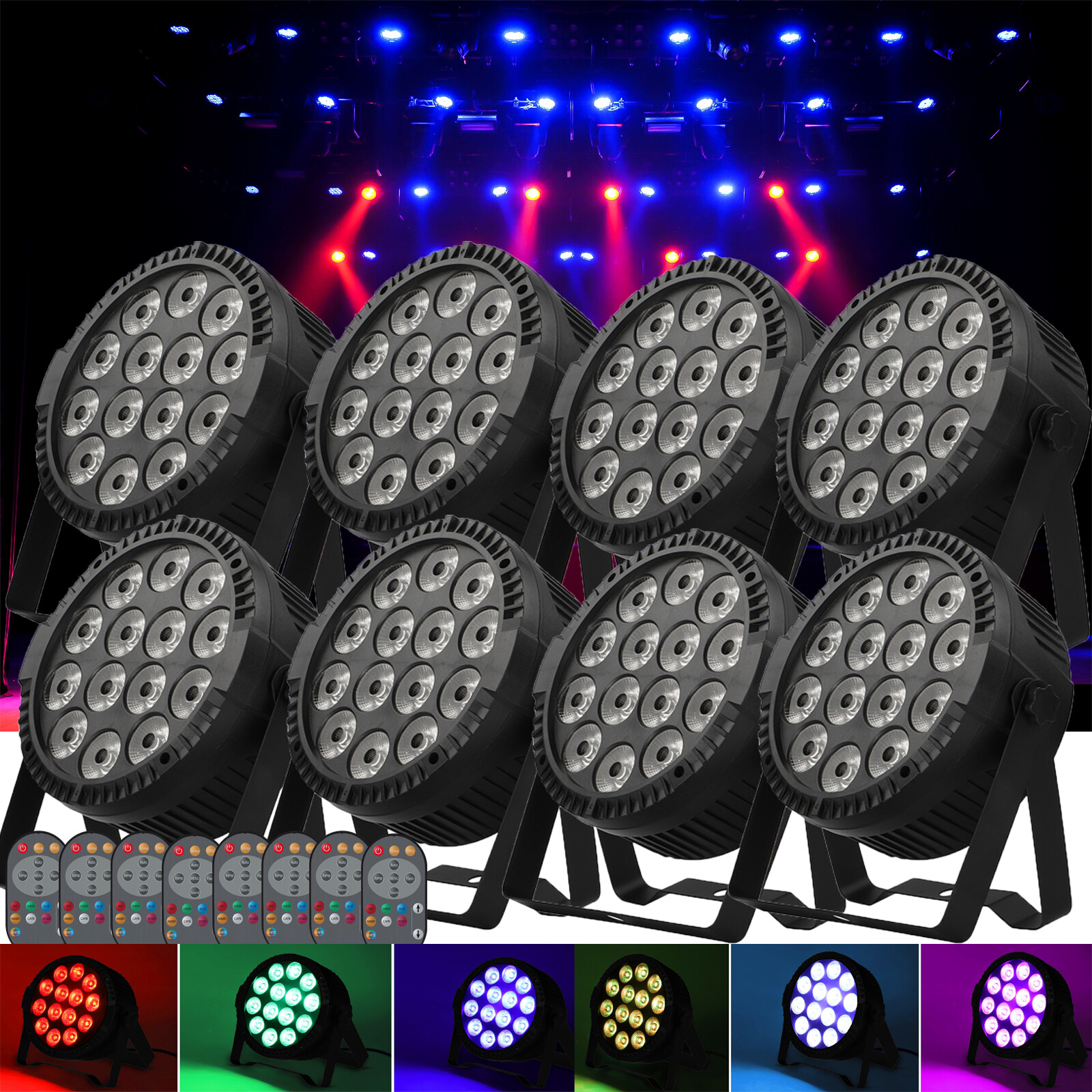 8PCS RGBW 7 LED Stage Light DMX Par Can Uplighter Lighting Effect DJ ...