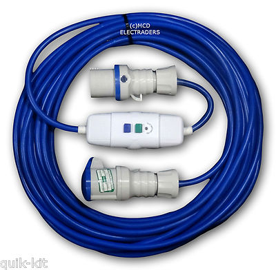1m Blue Caravan Hook Up / Extension lead 1.5mm 16A Plug, RCD & 16A ...