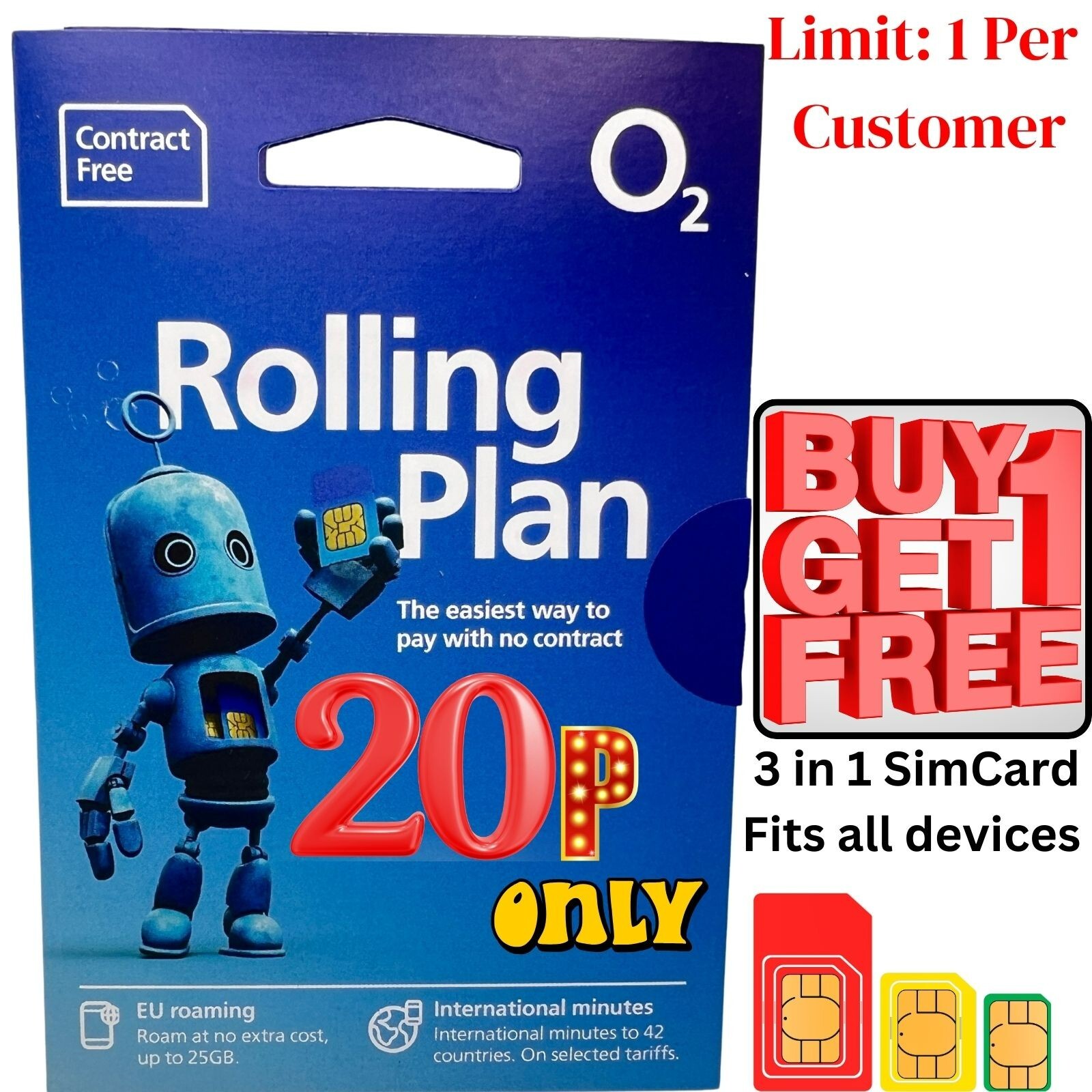 O2 Payg Triple Cut Sim Card for Mobile Phones - 5p/Min Calls, 5MB Data ...