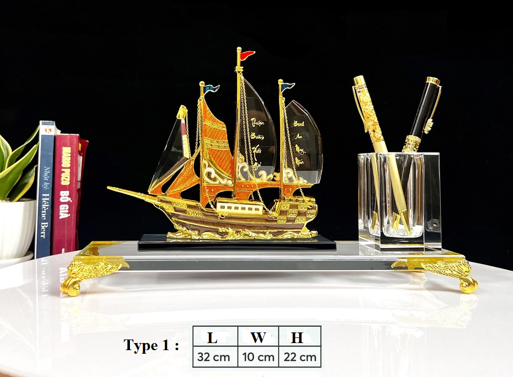 Combo Sailboat Pen Holder Brass Plated Crystal & Ballpoint Pens Vietnam ...