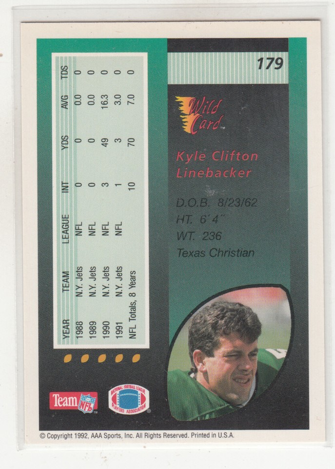 KYLE CLIFTON 1992 Wild Card NFL #179 Parallel 10 Stripe New York Jets ...
