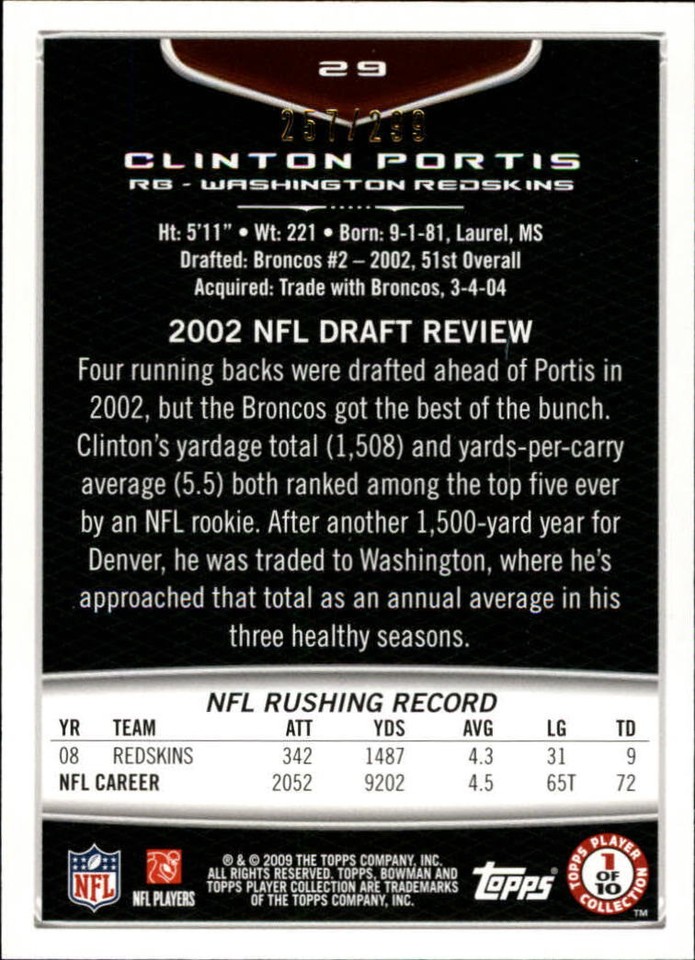 2009 Bowman Draft White Redskins Football Card #29 Clinton Portis /299 ...