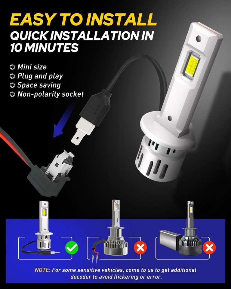 6500K H1 LED Headlight Bulbs Conversion Kit High Low Beam Super Bright ...
