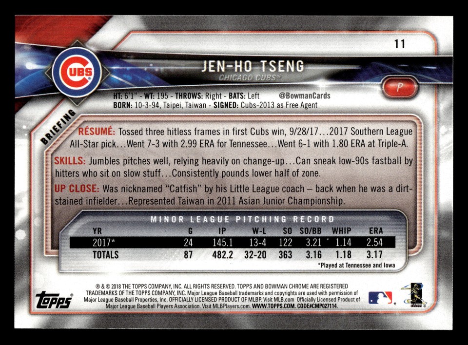 2018 Bowman - #11 Jen-Ho Tseng RC - Chicago Cubs | eBay