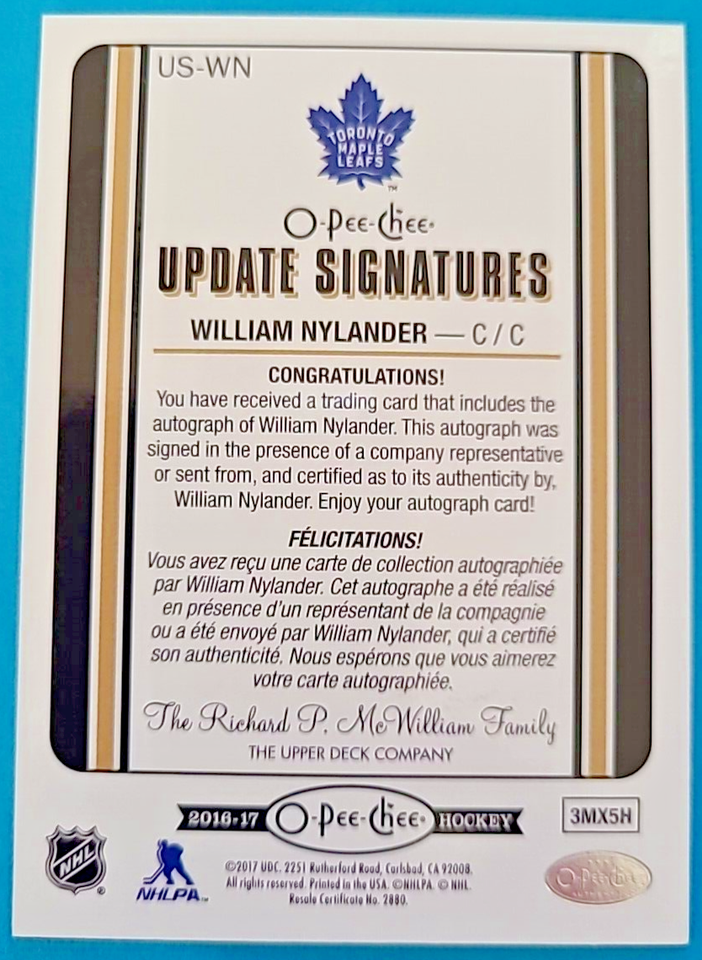 2016-17 William Nylander OPC O-PEE-CHEE Update Signatures Rookie Auto ...