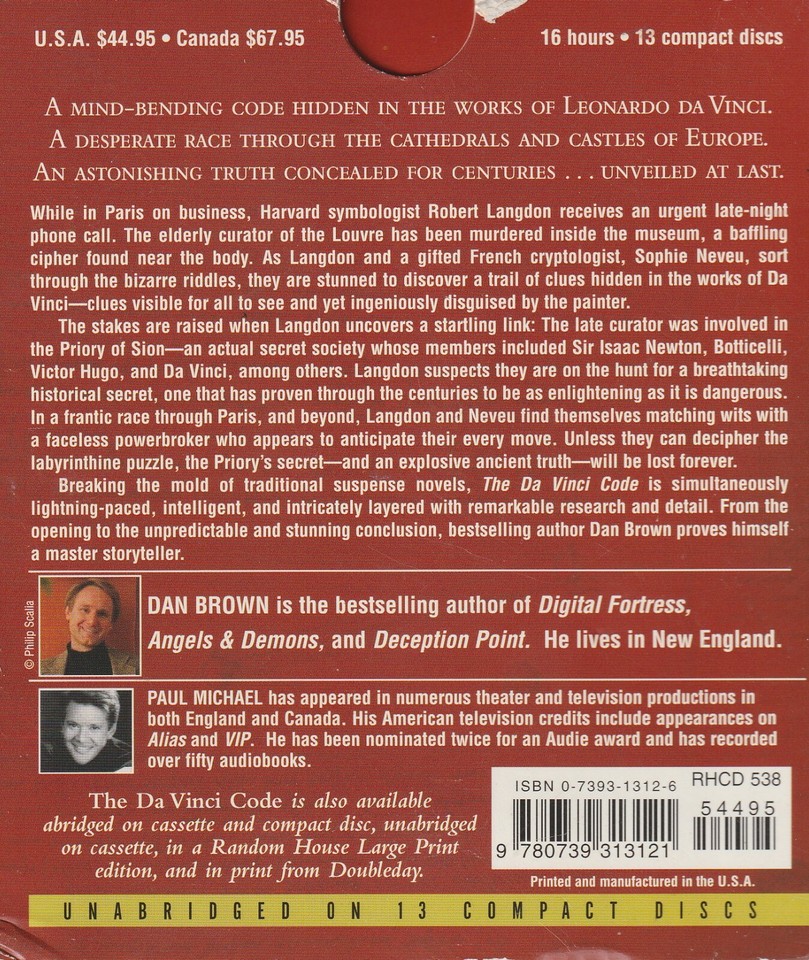 Da Vinci Code by Dan Brown 13 Compact Discs Read by Paul Michael Very ...
