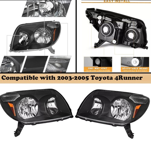 Fit 2003-2005 Toyota 4Runner Headlight Lamps Pair Black Casing Amber ...