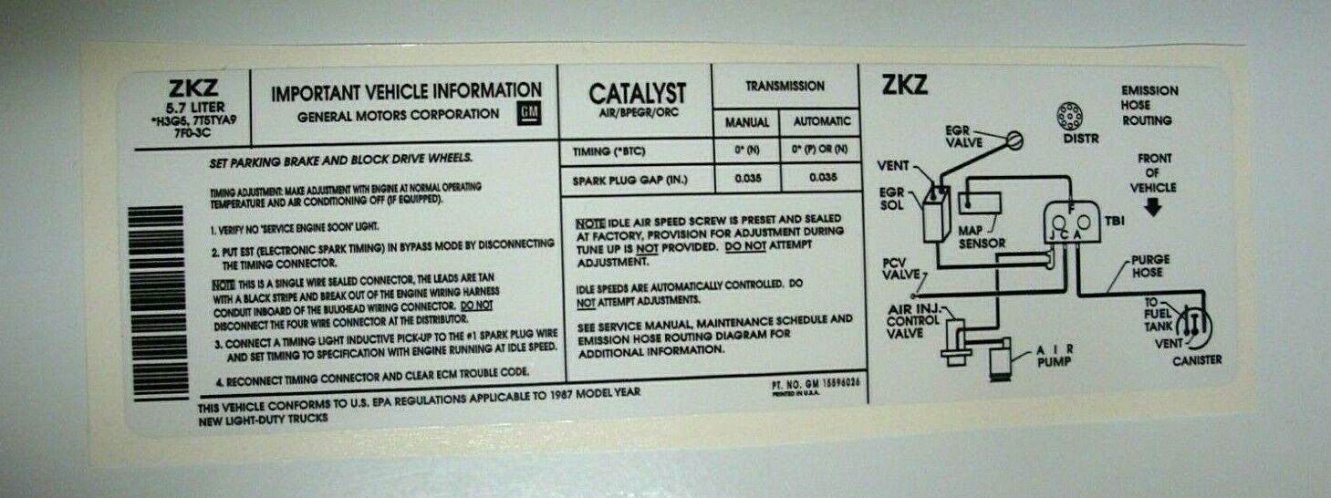 1987 Chevy Truck Core Support Emissions Label Square Body /K-5 Blazer 5 ...