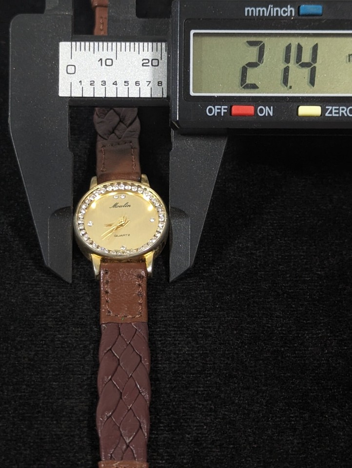Moulin Gold Tone Dial Crystal Accent Round Case Brown Braided Leather ...