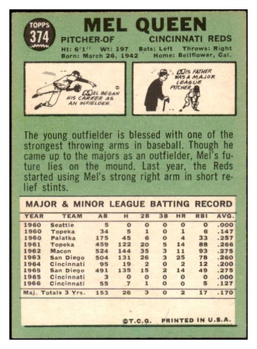 1967 TOPPS #374 MEL QUEEN REDS AUTOGRAPHED SIGNED 509318 (KYCARDS) | eBay