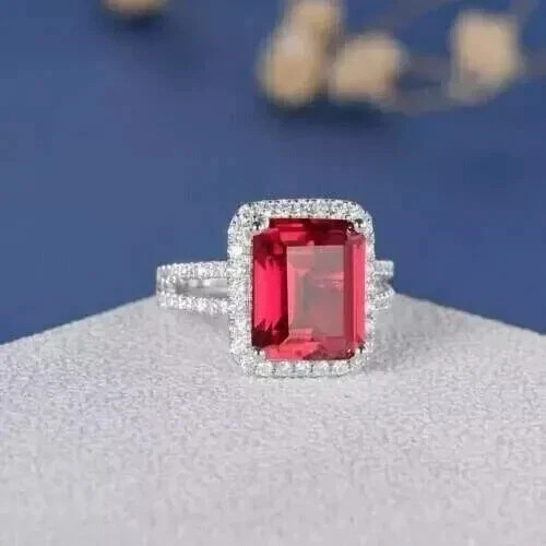3Ct Emerald Cut Lab Created Red Ruby Halo Engagement Ring 14K White ...