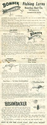 c1950 Bomber Bait Co Gainesville TX Lure Advertisement Baby Midget ...