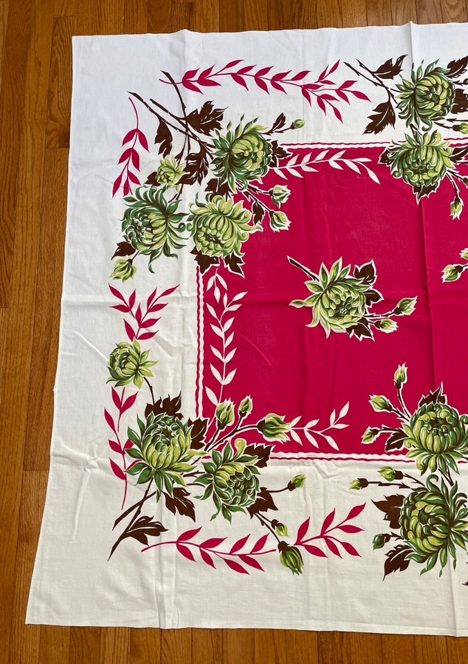 Vintage Tablecloth~Vibrant Chartreuse~Red Green ~Rose Patterns~1940s ...