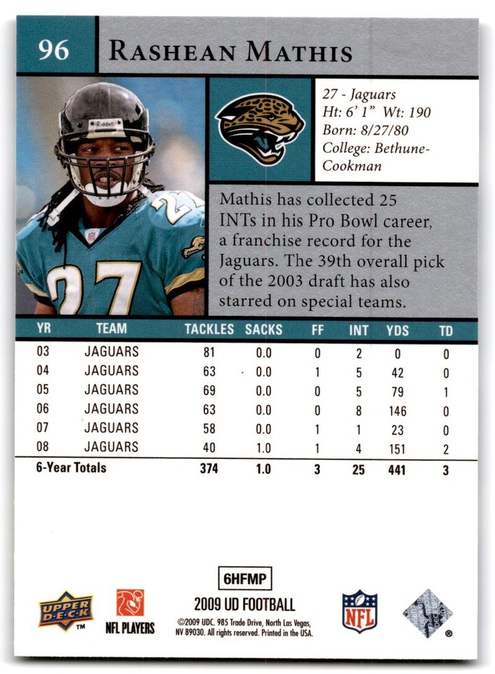 2009 Upper Deck Rashean Mathis Jacksonville Jaguars #96 | eBay