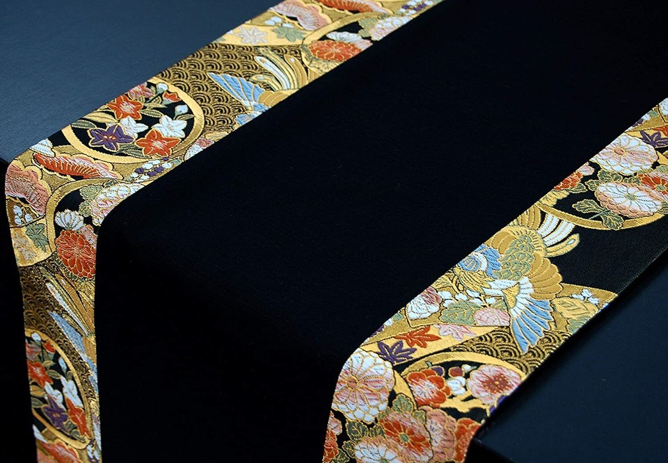 Kimono Table runner Japanese Gold brocade fabric Obi Reversible Asuka ...