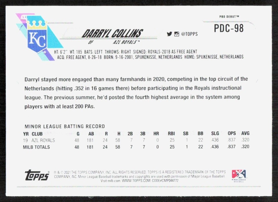 Darryl Collins 2021 Topps Pro Debut Chrome Rookie Card RC #PDC-98 AZL ...