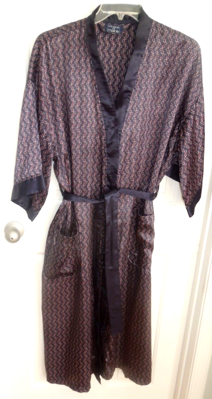 VINTAGE SILKY SATINY DARK BLUE STATE OF MAINE MEN'S ROBE DRESSING GOWN ...
