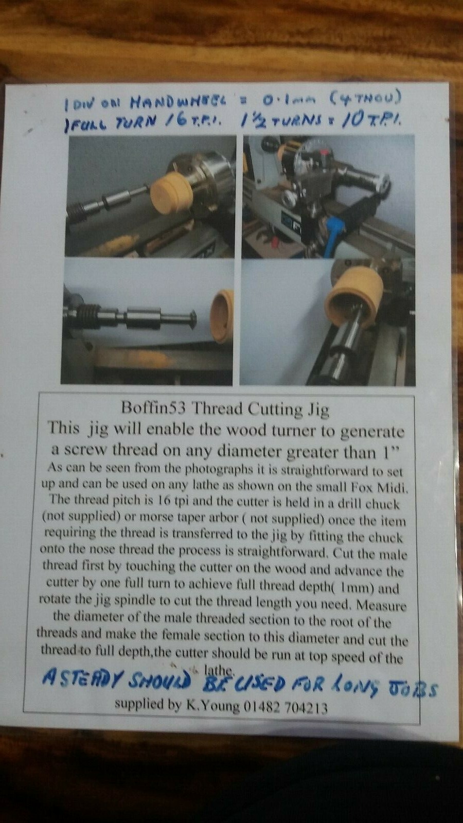 PROFESSIONAL WOODTURNING LATHE 16tpi SCREW THREAD CUTTING TOOL / JIG ...