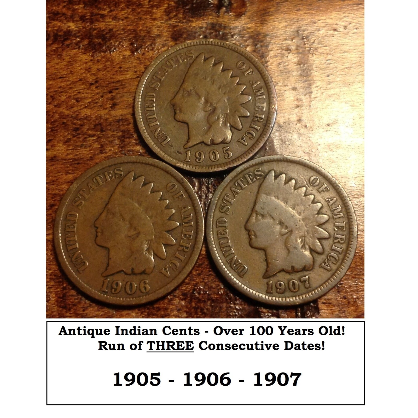 Lot run of 3 THREE Indian Head Cents 1905 1906 1907 Old US Antique ...