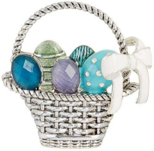 Napier Easter Basket Brooch Pin NEW Silver Tone Jeweled Enameled Eggs ...