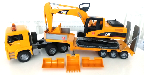 Bruder MAN Low Loader Truck CAT Excavator Digger 3 Bucket Construction ...