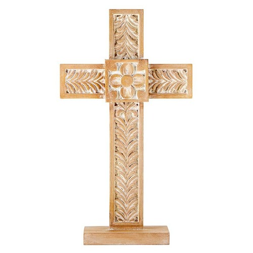 Wood and Metal Standing Wood Square Base Cross 11.75x5.75", Chruch or ...