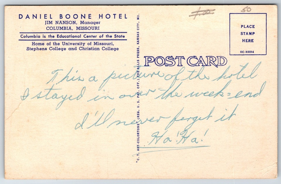 Columbia Missouri~Daniel Boone Hotel~Linen Postcard | eBay