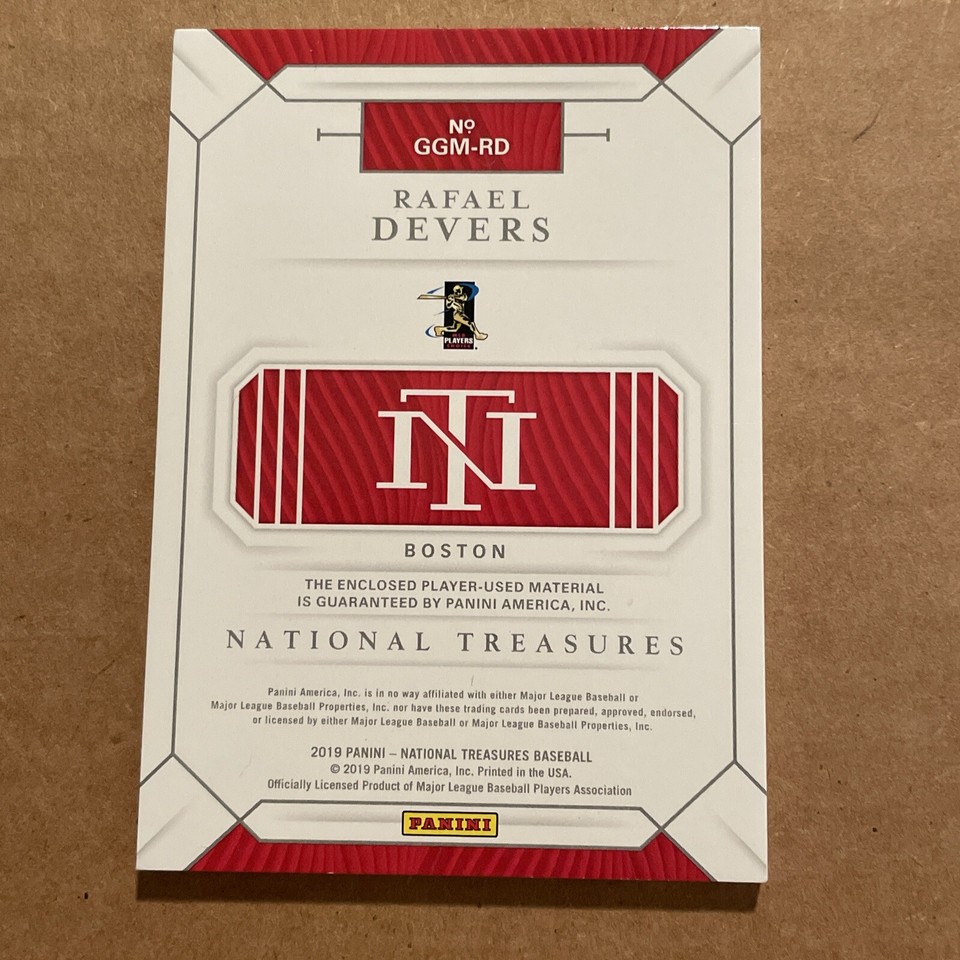 2019 National Treasures Rafael Devers Game Used Gear Material Dual Gold ...