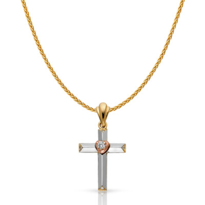 14K Tri Color Gold Cross Charm Pendant with 1.1mm Wheat Chain Necklace ...