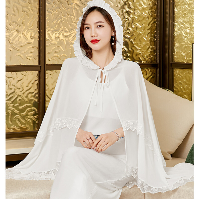 Women Chiffon Cloak Hooded Cape Shawl Wedding Bridal Sheer Ruffle Midi ...