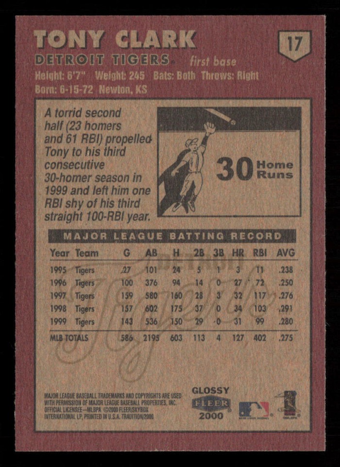 2000 Fleer Tradition Glossy Tony Clark #17 Detroit Tigers Baseball Card ...
