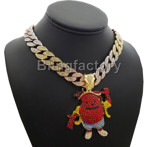 Gold Plated Kool Aid Man pendant 15mm 18" Iced Multi Color Cuban Chain ...