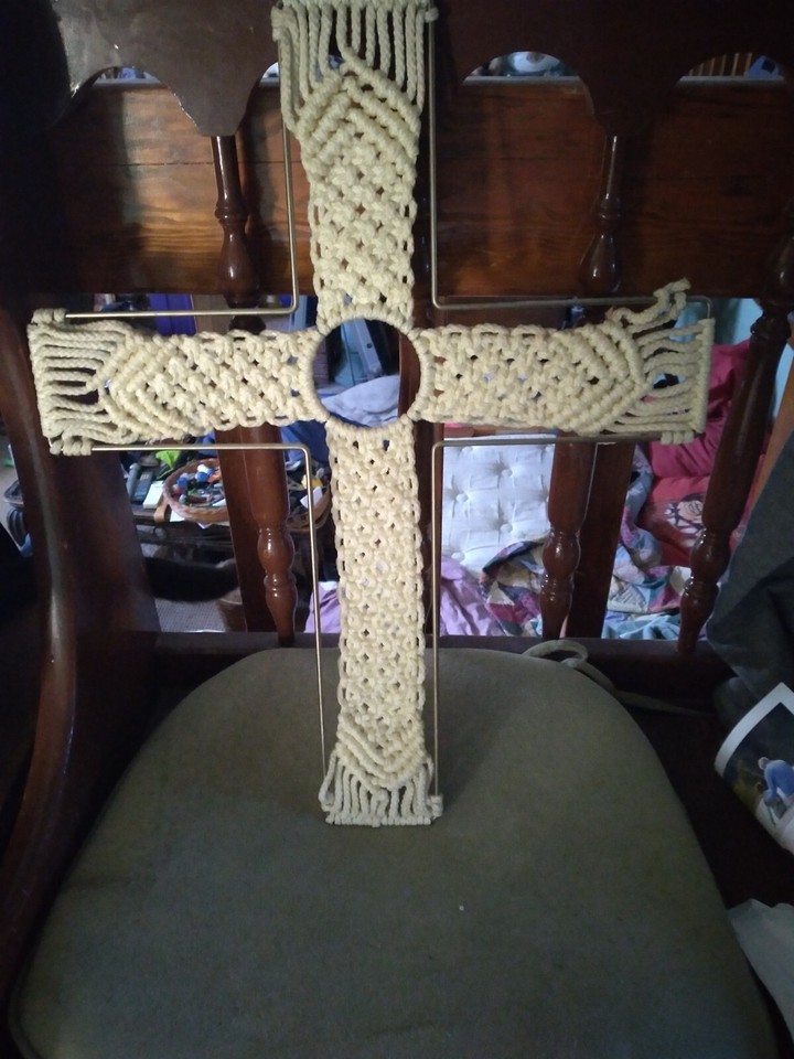 vtg Wall Cross Cream Macrame on Metal Cross apprx. 17" | eBay