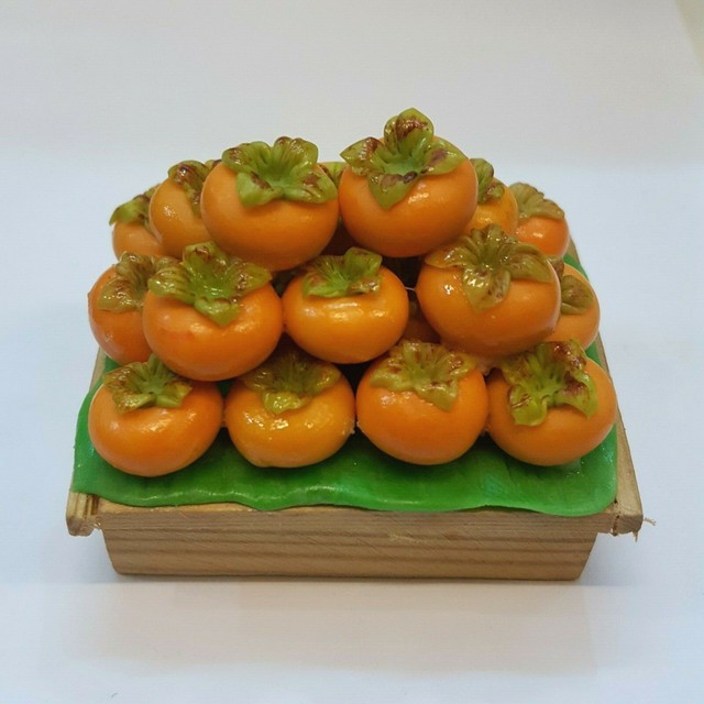 Tiny Persimmon on wood Box Collectible Miniature Clay Souvenir Decorate ...