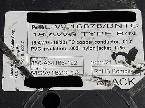 IWC M16878/17-18-0 #18awg TC PVC Type B/N Mil-Spec Lead Wire Black ...