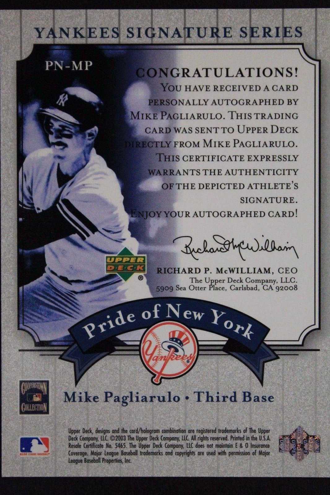Mike Pagliarulo Autographed 2003 UD Pride of New York Yankees Series ...
