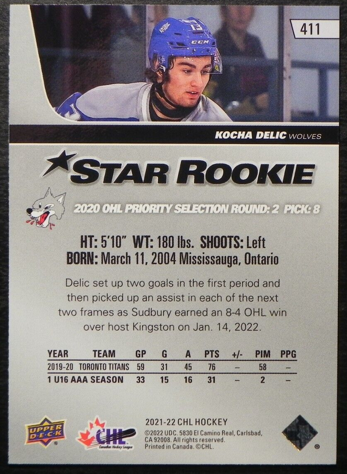 2021-22 21/22 Upper Deck CHL STAR ROOKIE SP #411 Kocha Delic Sudbury ...