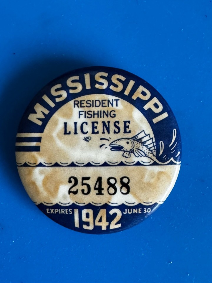 SUPER RARE ANTIQUE 1942 MISSISSIPPI FISHING BUTTON BADGE WITH PAPER ...