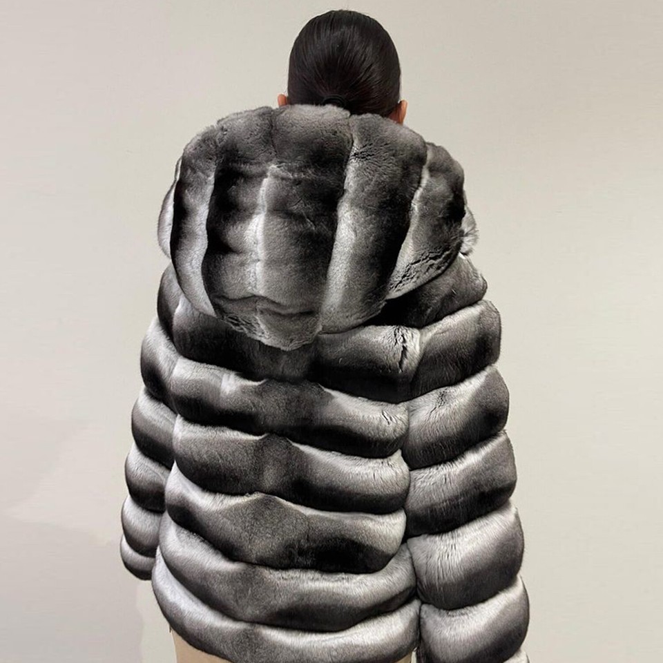 Women Real Rex Rabbit Fur Coat Hood Short Jacket Natural Chinchilla ...