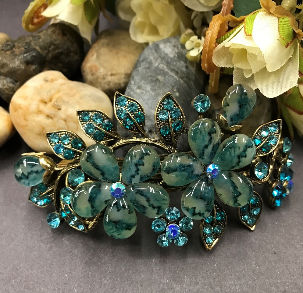 Antique Tone Flower Rhinestone Blue Color Hair Clip Barrette HA9028 dec ...