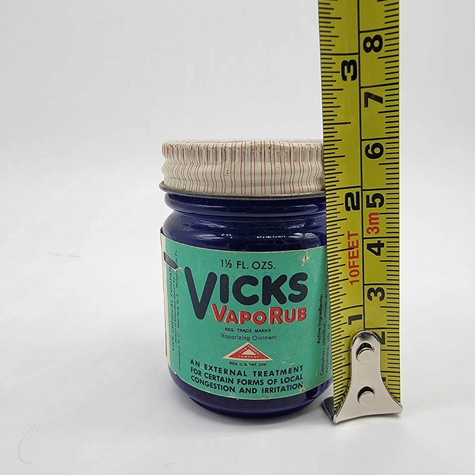 Vicks VapoRub Jar Cobalt Blue Glass Bottle w Label & Red White Tin Cap ...