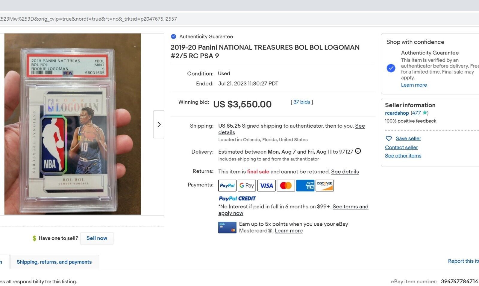 2018 NATIONAL TREASURES ROOKIE LOGOMAN PATCH LUKA DONCIC BGS 9 POP 1 ...