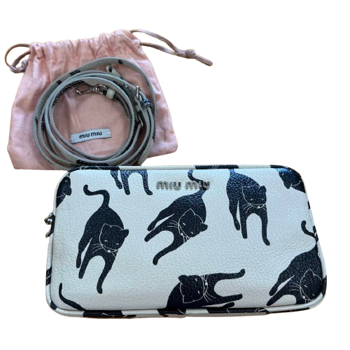 Miu Miu Cat Pattern Mini Shoulder Bag Beige x Black Leather Zipper ...