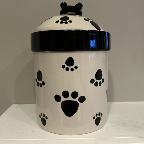 Doggie Treat Ceramic Canister, Black &White Paw Prints Bone Finial 8 ...