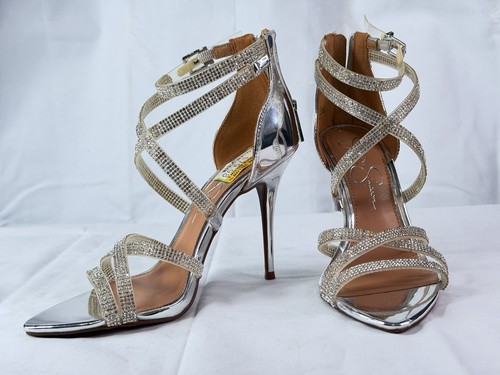 Jessica Simpson Silver Rhinestone Strappy Stiletto Heels Size 7M / EU ...