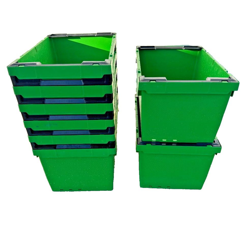 8 x 62ltr Green Extra Deep Storage Crates Plastic Stacking Boxes 60 x ...