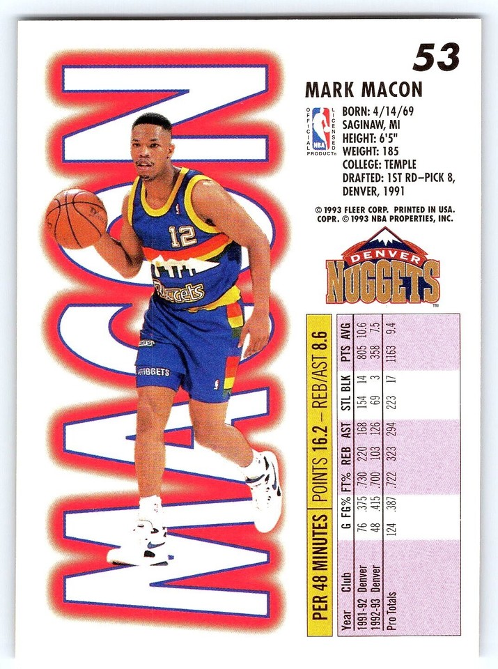 1993-94 Fleer Basketball - #53 Mark Macon Denver Nuggets | eBay